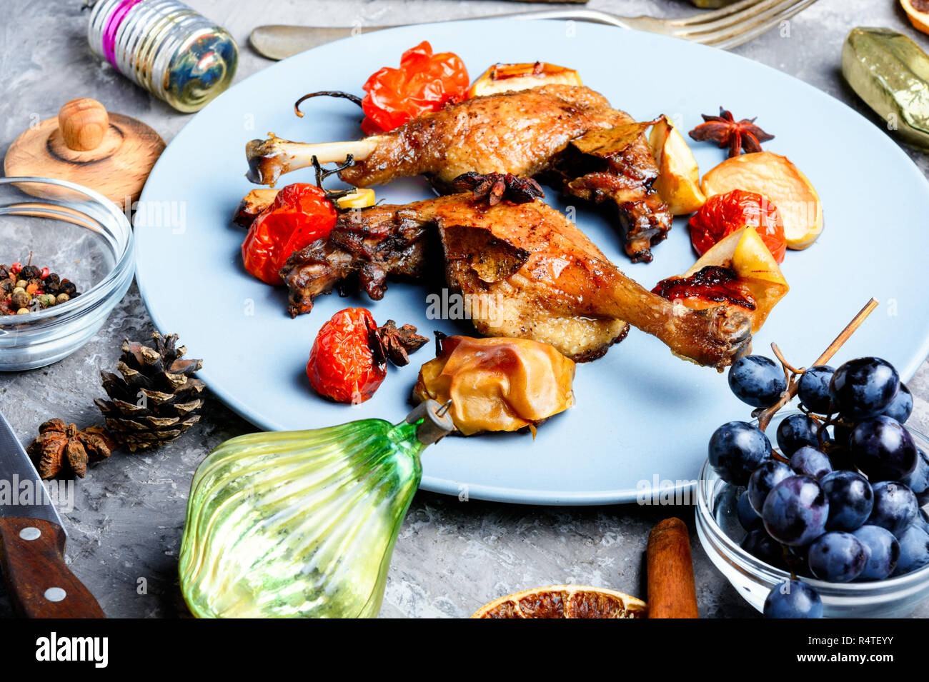 Festive roast duck with apples and vegetable.Homemade christmas dinner ...