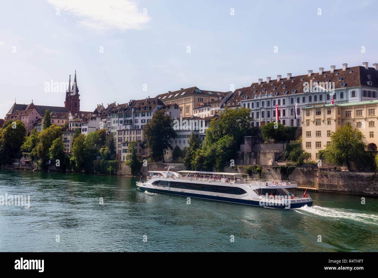 Basel, Switzerland - August 1, 2018: The river Rhine and the historic ...