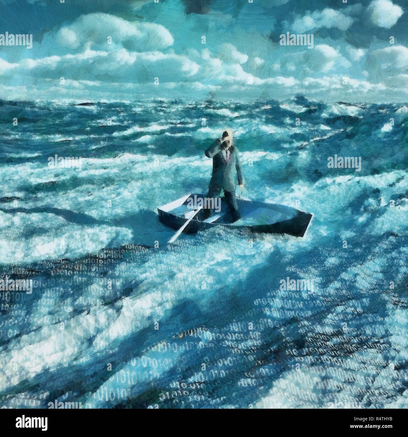 Surreal painting. Man in suit floats in boat in ocean with binary code ...