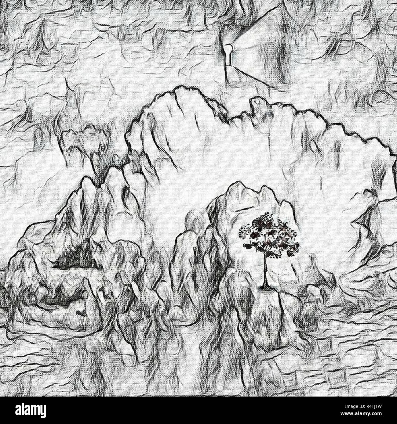 Surreal painting. Keyhole in cloudy sky. Tree on a cloud Stock Photo ...