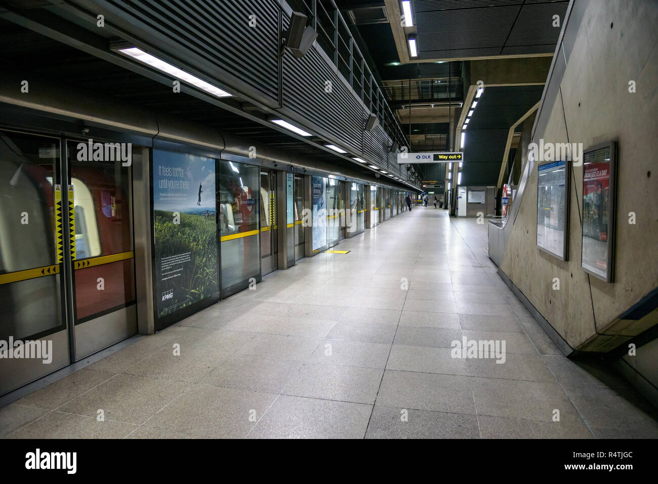 London, UK - April 26, 2018: Jubilee line train at modern Canary Wharf ...