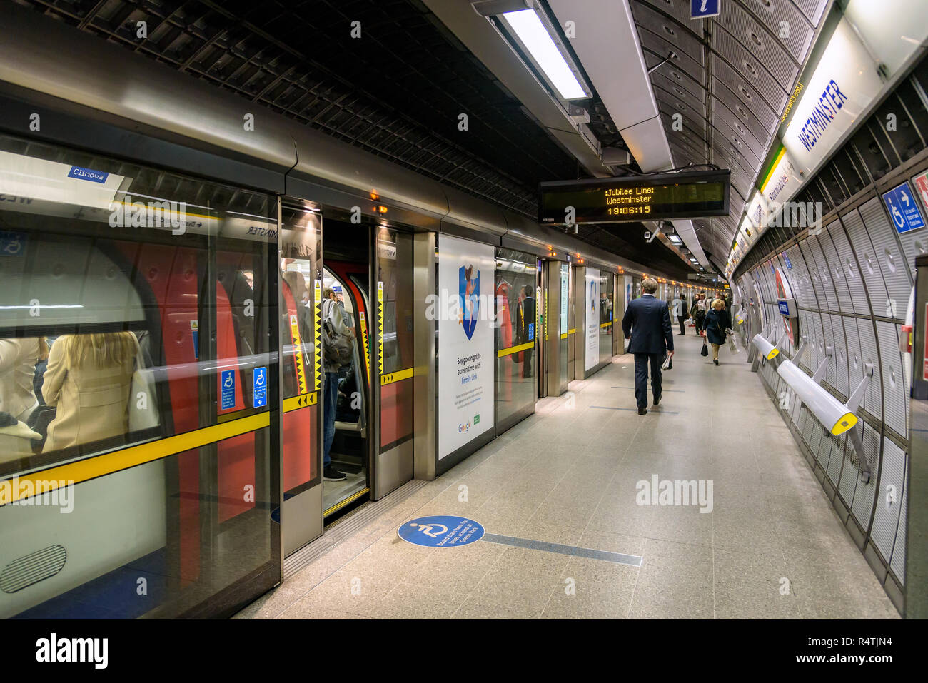 London, UK - April 26, 2018: Jubilee line train at modern Westminster ...
