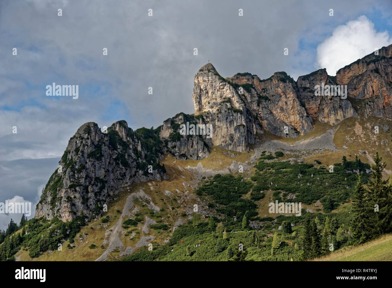 Rotspitze with summit cross, Rofan Mountains, Achensee, Maurach, Tyrol ...