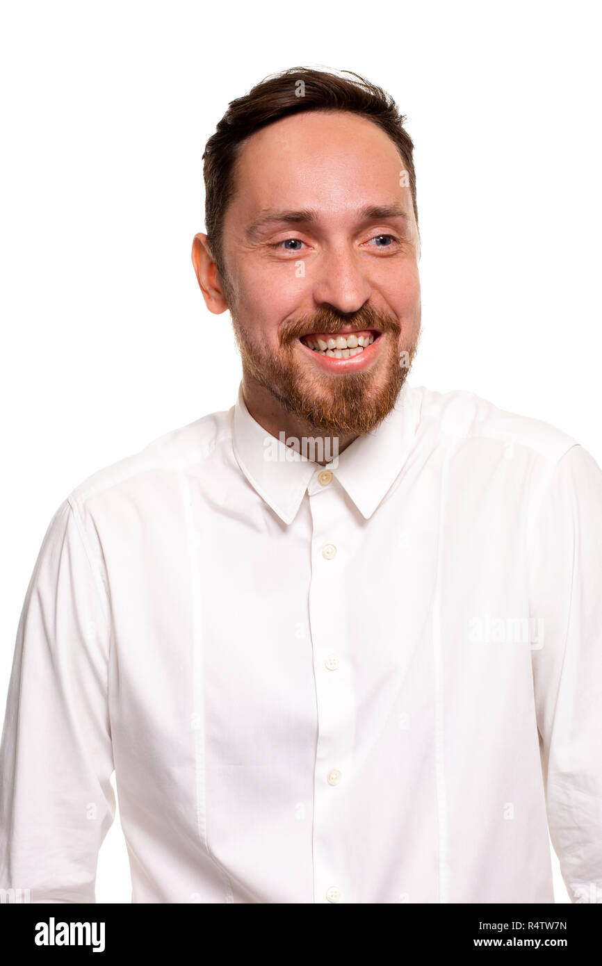 Stylish bearded business man smiling to camera, having pleased ...