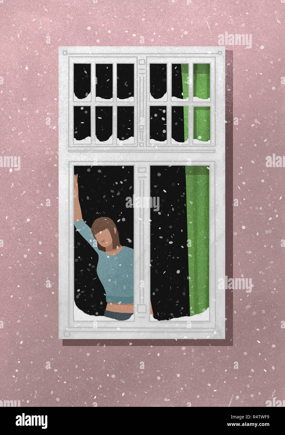 A woman standing by a window with snow falling outside Stock Photo - Alamy