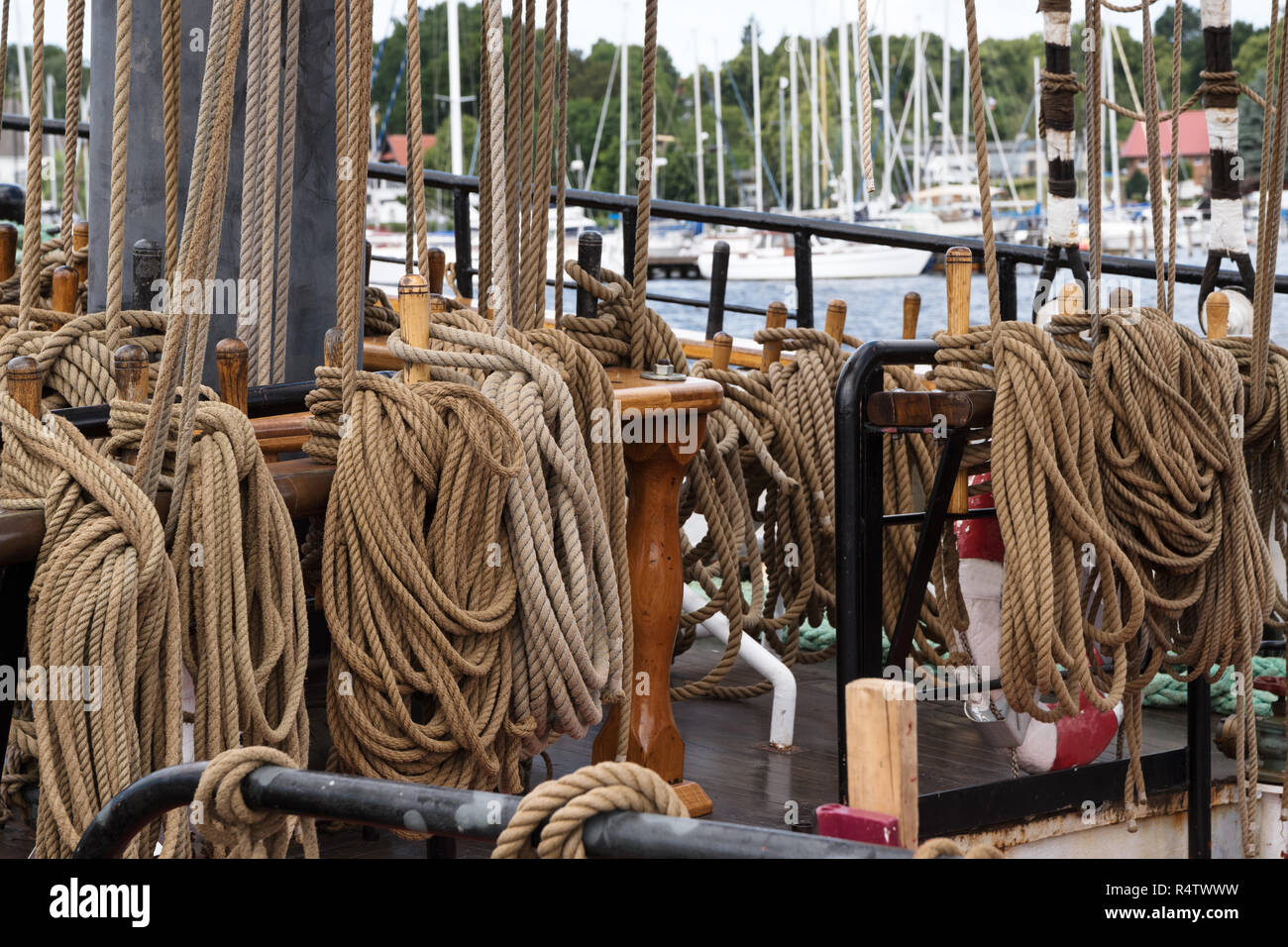 ropes on an historic sailing ship, travel adventures on the sea Stock ...
