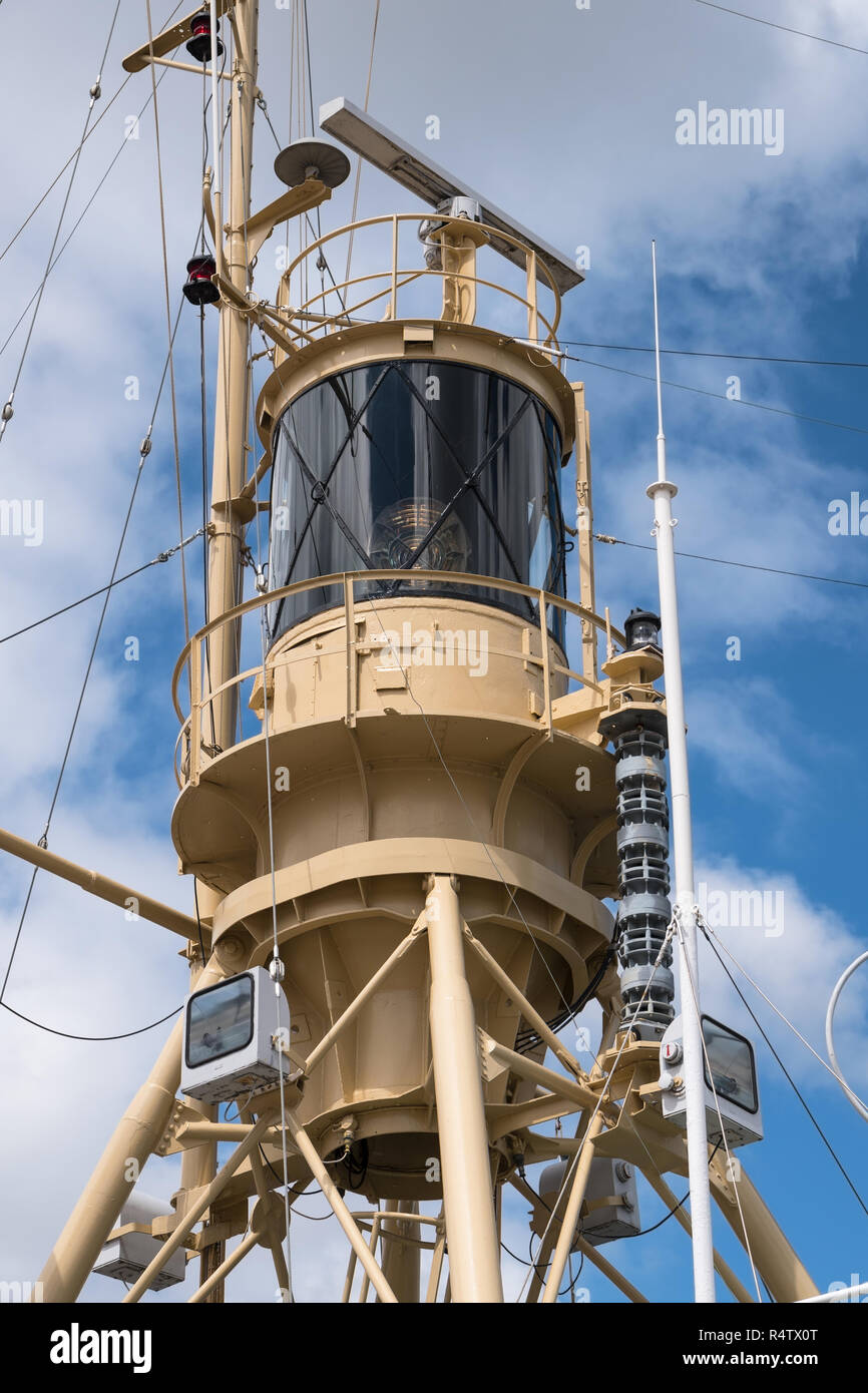 tower of a rescue ship with radar, lights and communication equipment ...