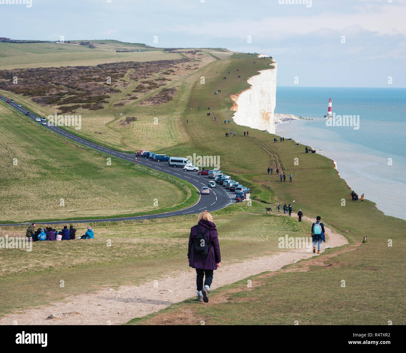 Beachy Head at Birling Gap on the South Downs way with day trippers ...