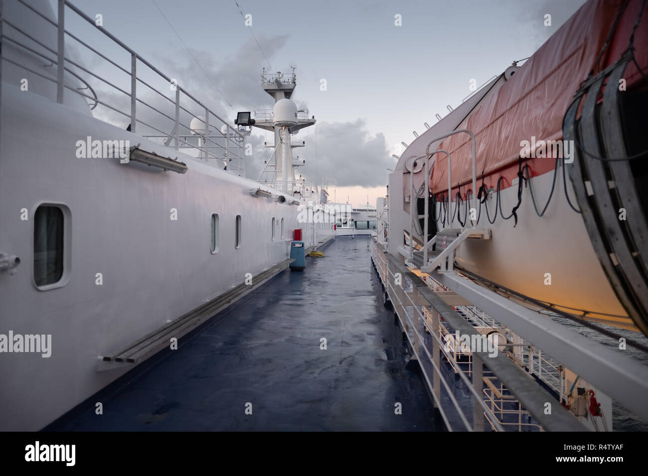 Early morning exterior view of Lifeboat on board the Brittany Ferries ...