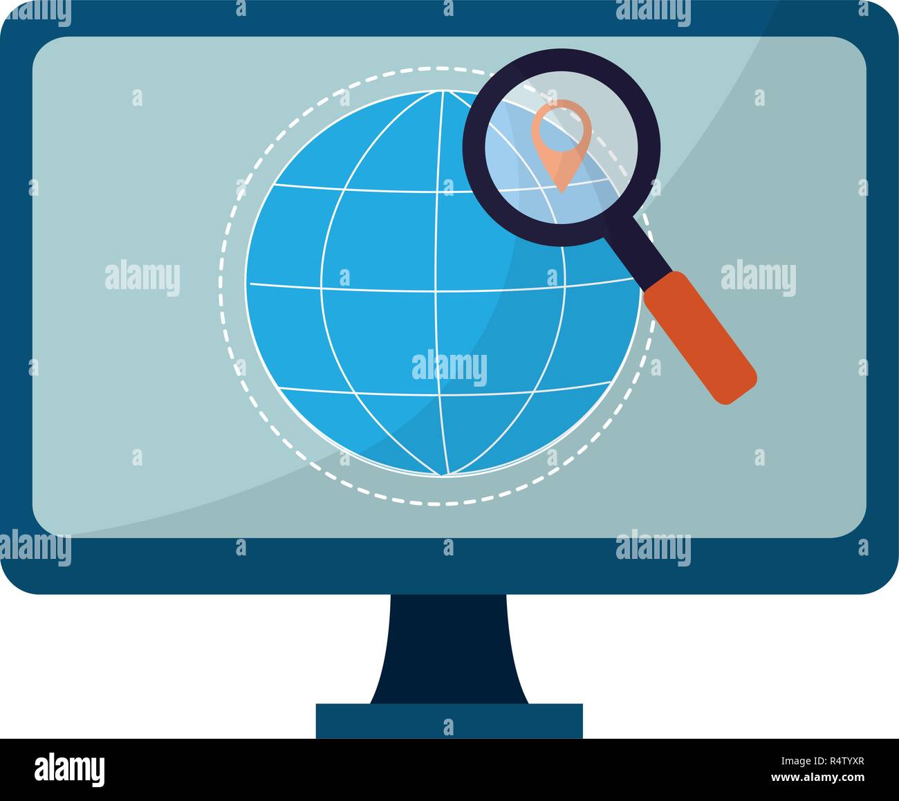 Computer screen with global sphere and magnifying glass vector ...