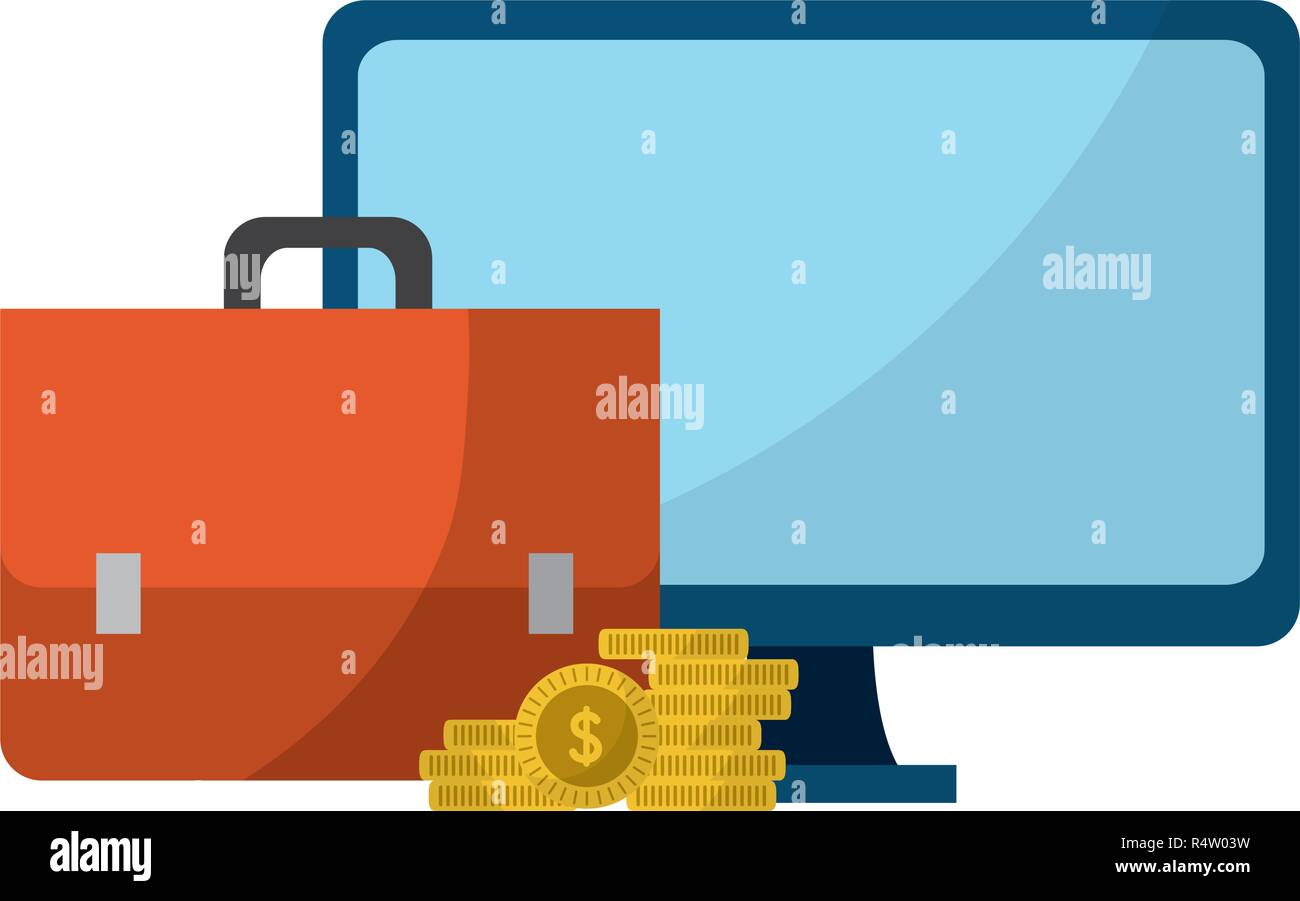 Business briefcase and computer with coins vector illustration graphic ...