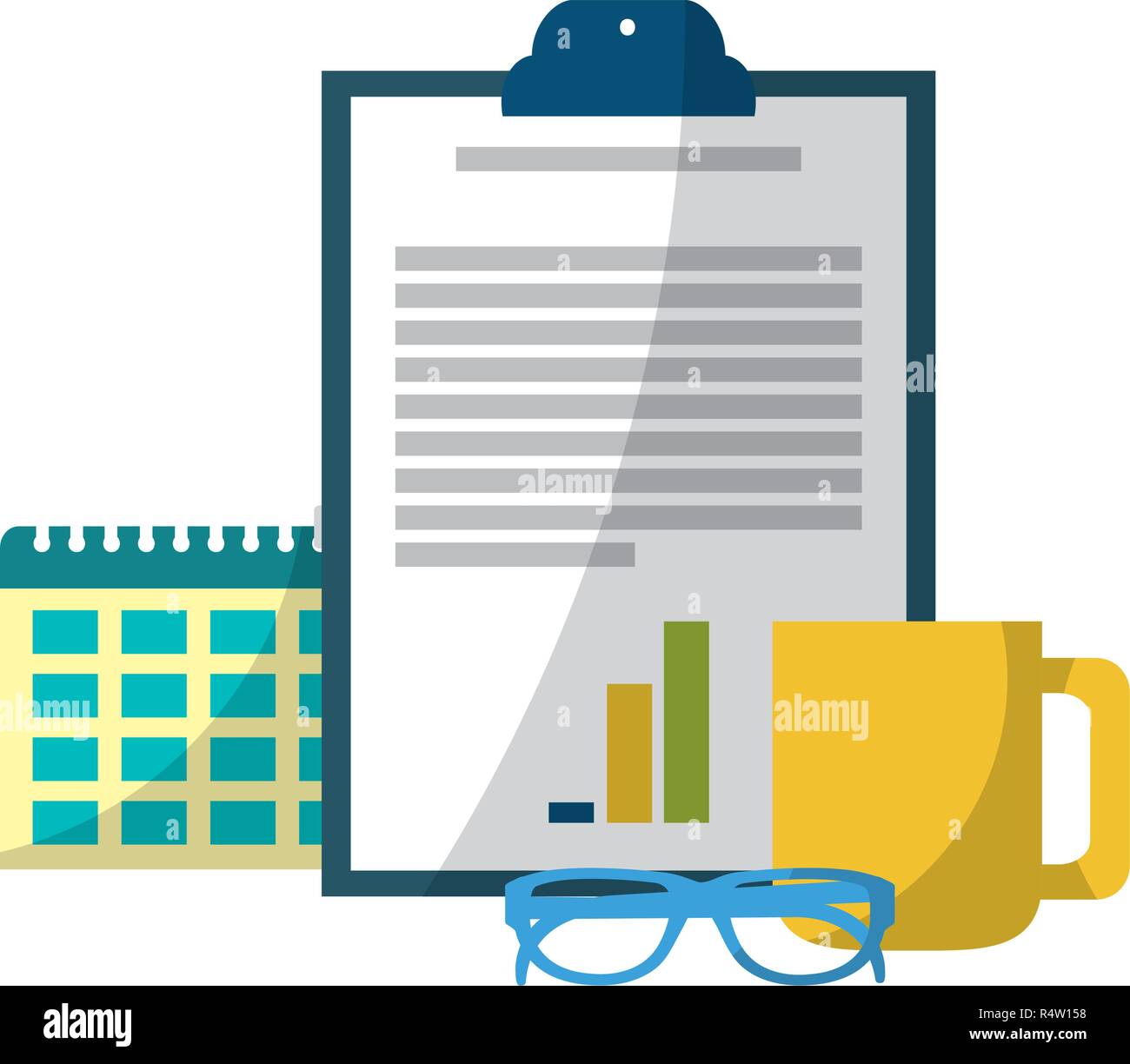 Office elements Clipboard and coffee cup with glasses and planner ...