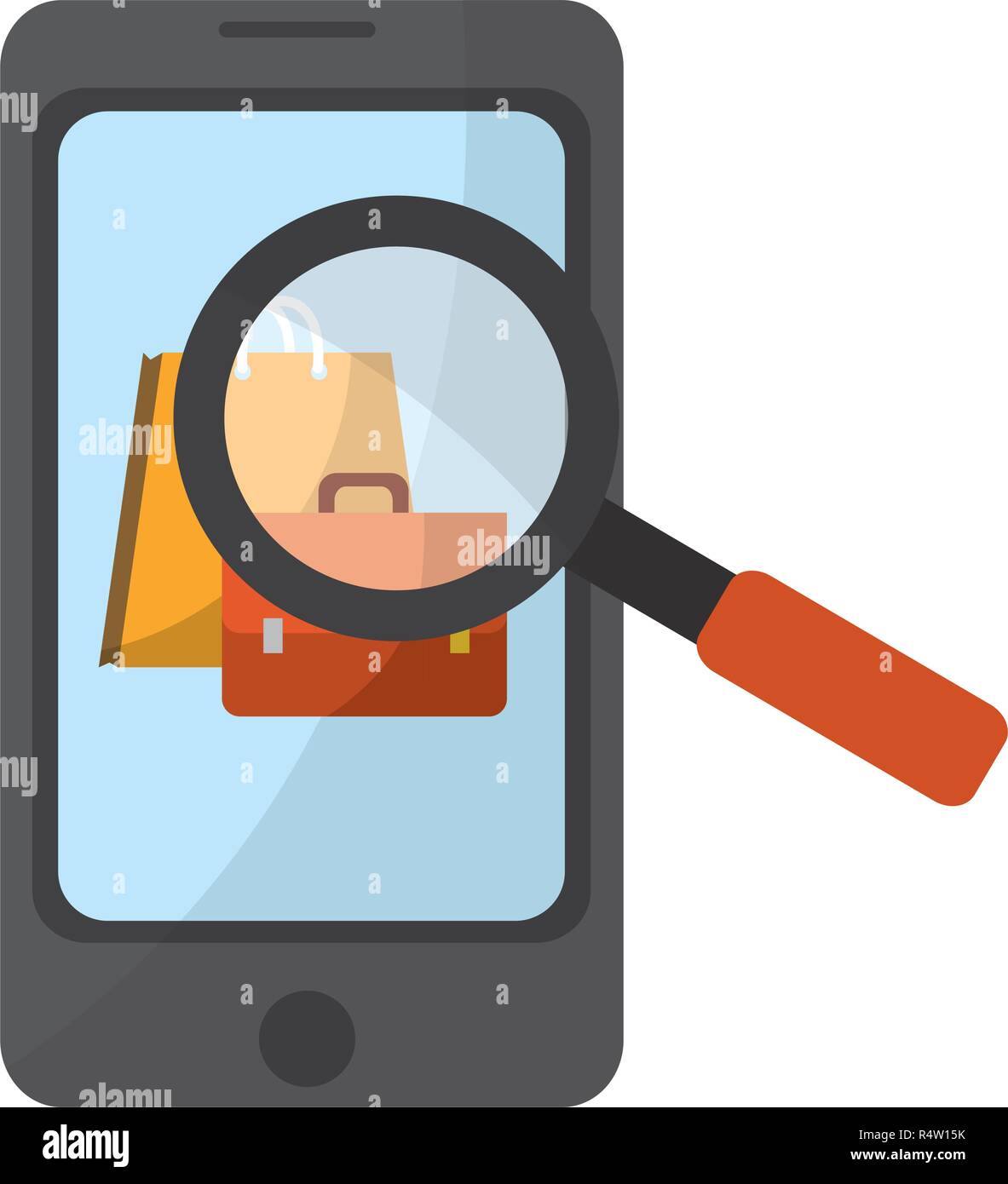 Business symbols on smartphone and magnifying glass vector illustration ...