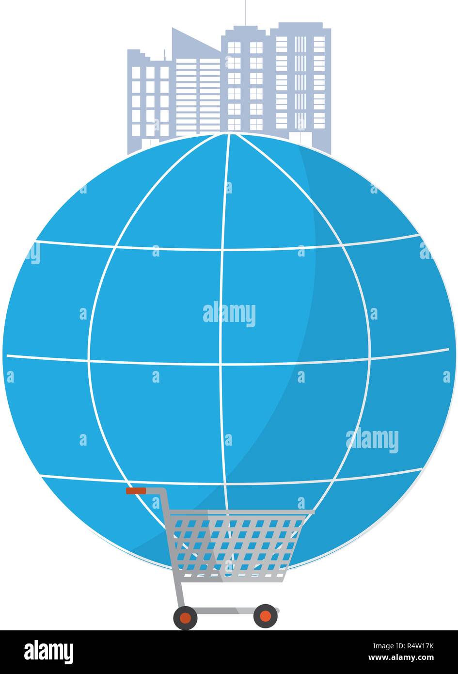 Shopping cart and city around global sphere symbol vector illustration ...