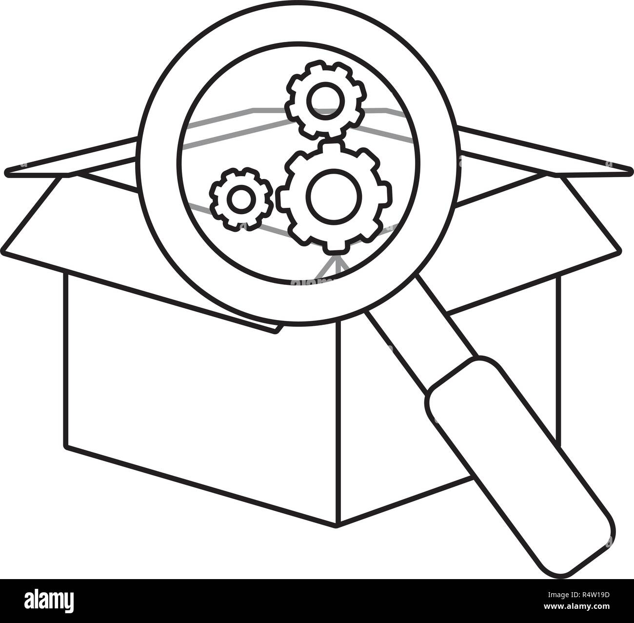 Box open with gears and magnifying glass symbols vector illustration ...