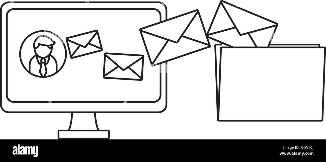 Businessman on computer sending emails to folder vector illustration ...