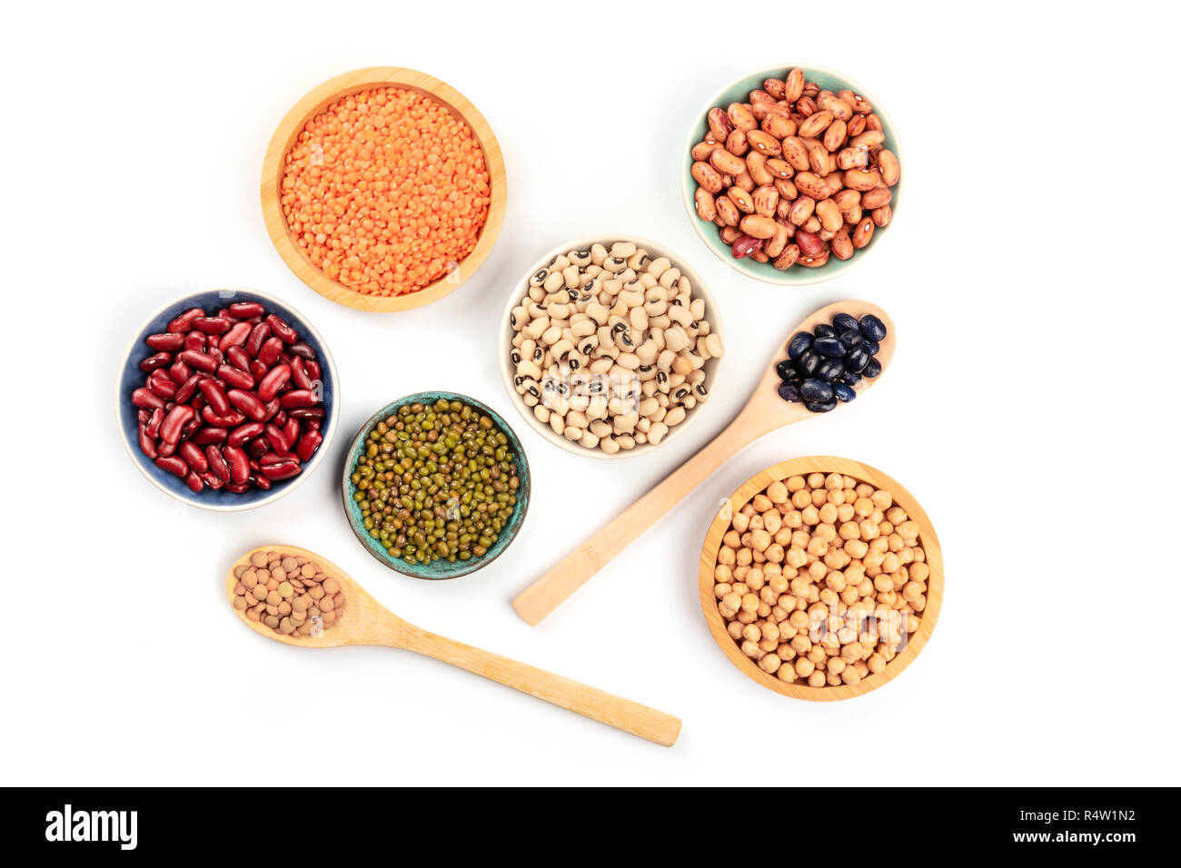 Various types of pulses, shot from the top on a white background. Red ...