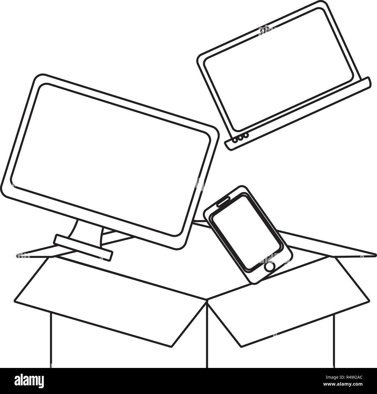 Cloud computing box with computer smartphone and laptop vector ...