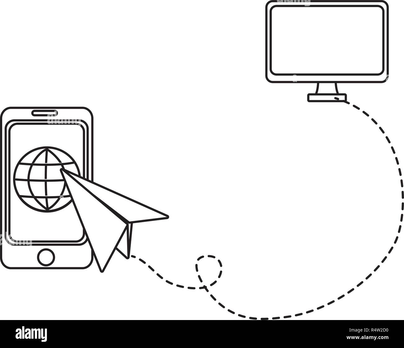 Smartphone and computer with paper plane flying vector illustration ...