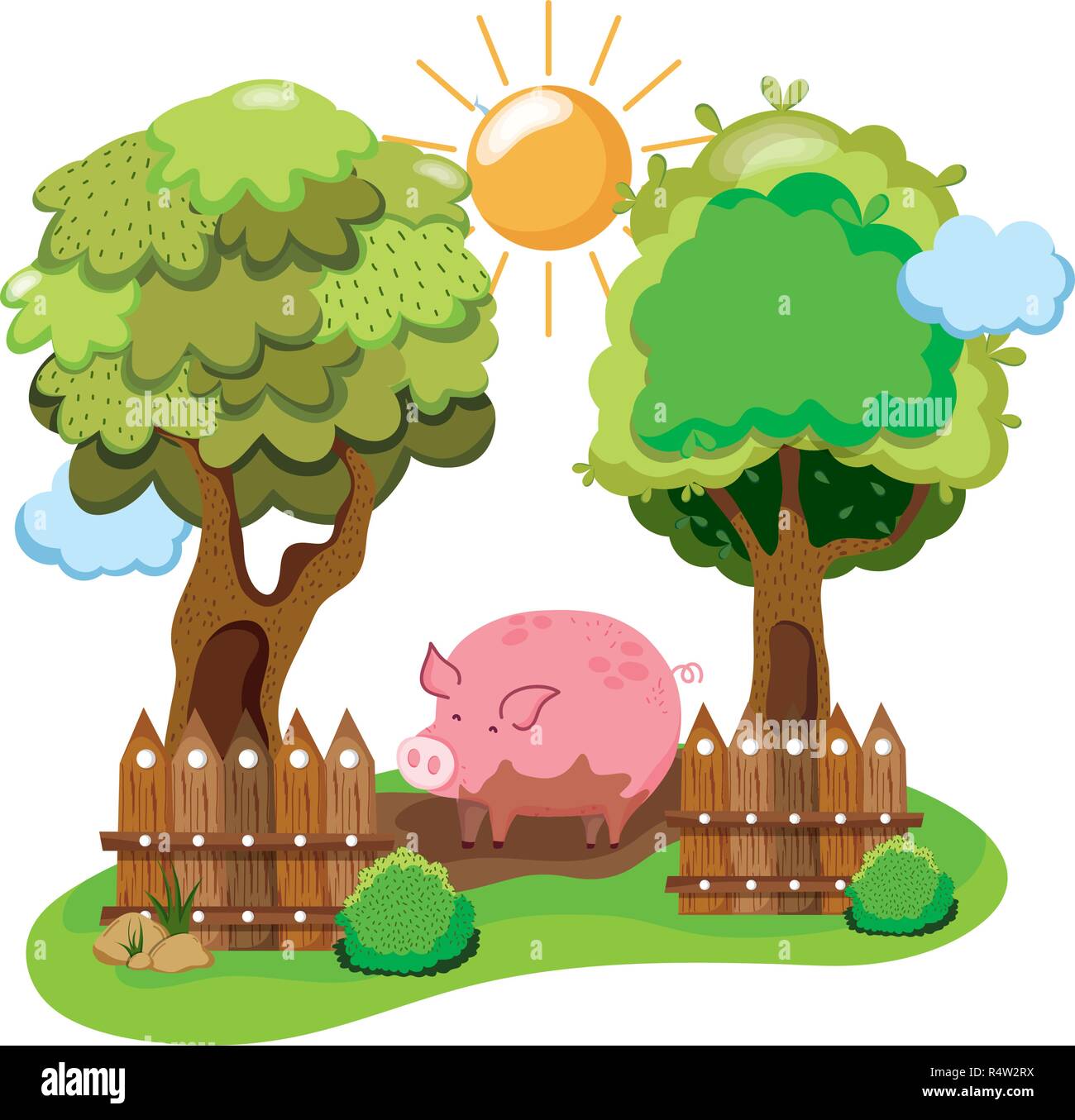 cute farm pig between trees cartoon vector illustration graphic design ...