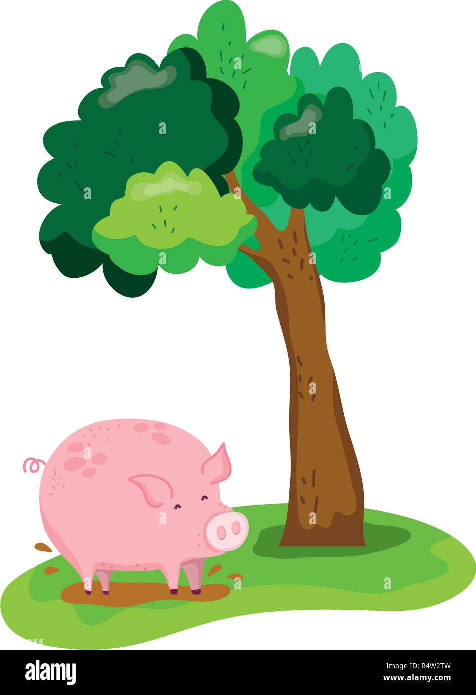 cute farm pig with tree cartoon vector illustration graphic design ...