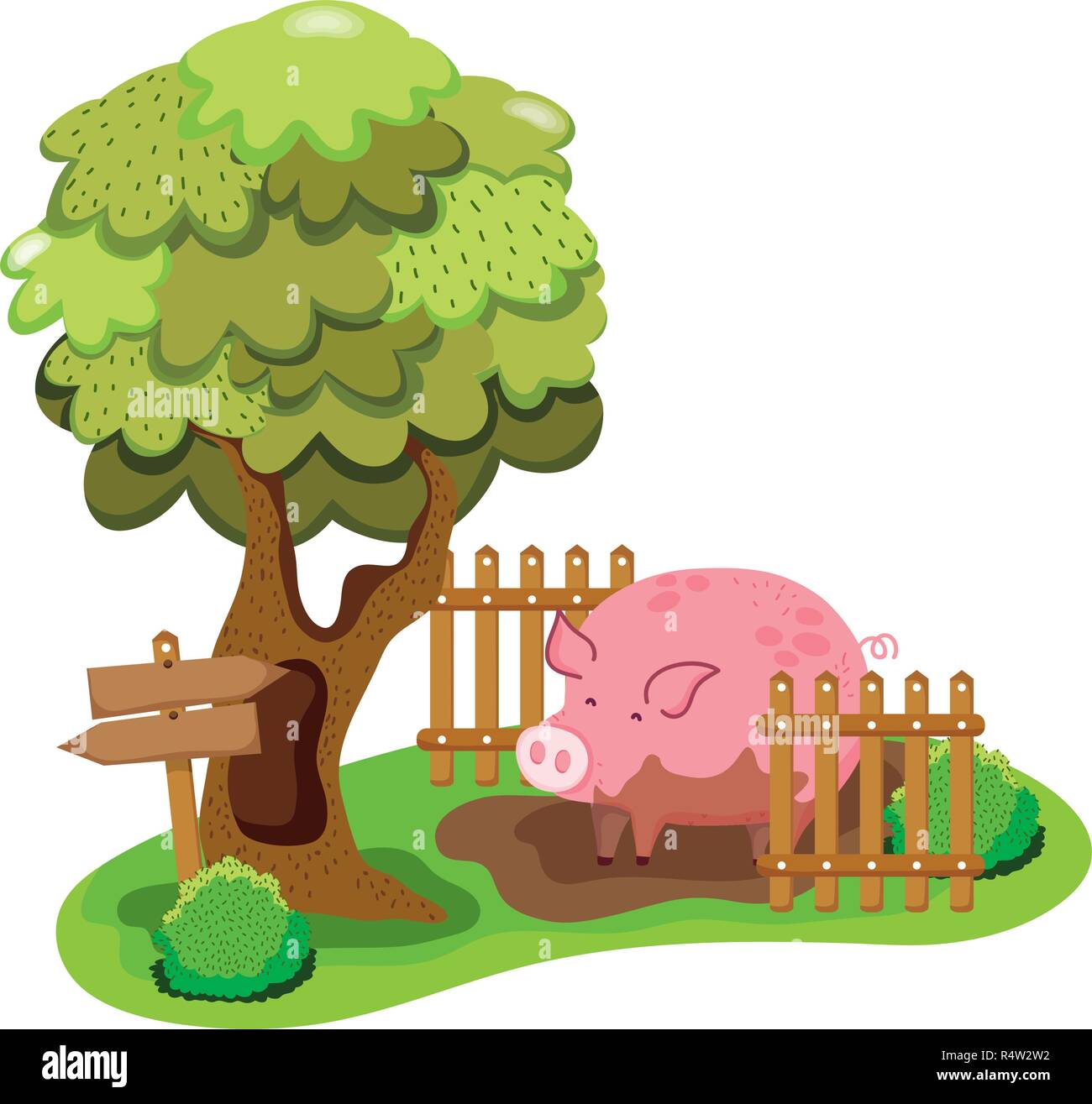 cute farm pig with tree cartoon vector illustration graphic design ...