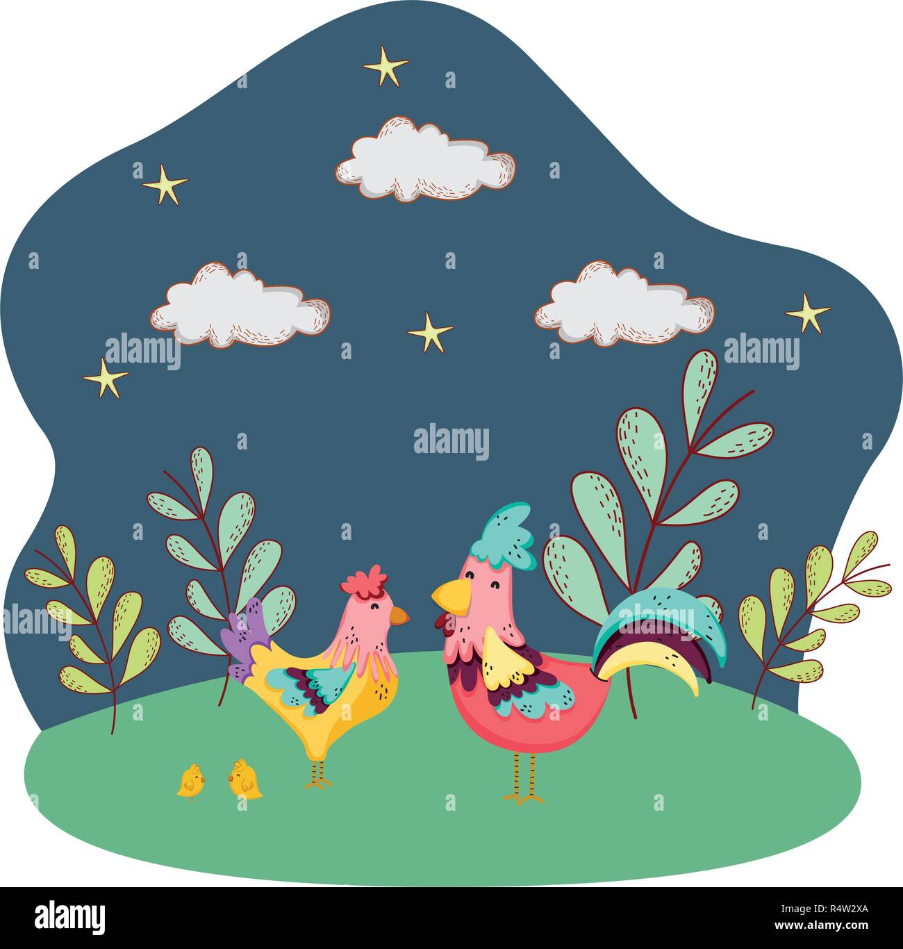 cute farm chickens at night cartoon vector illustration graphic design ...