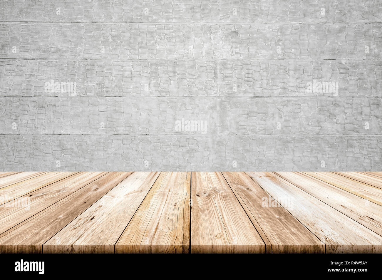 Empty light wood table top with concrete wall background Stock Photo ...