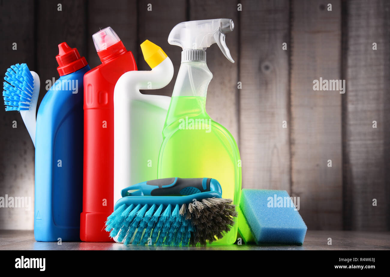 Variety of detergent bottles and chemical cleaning supplies Stock Photo ...