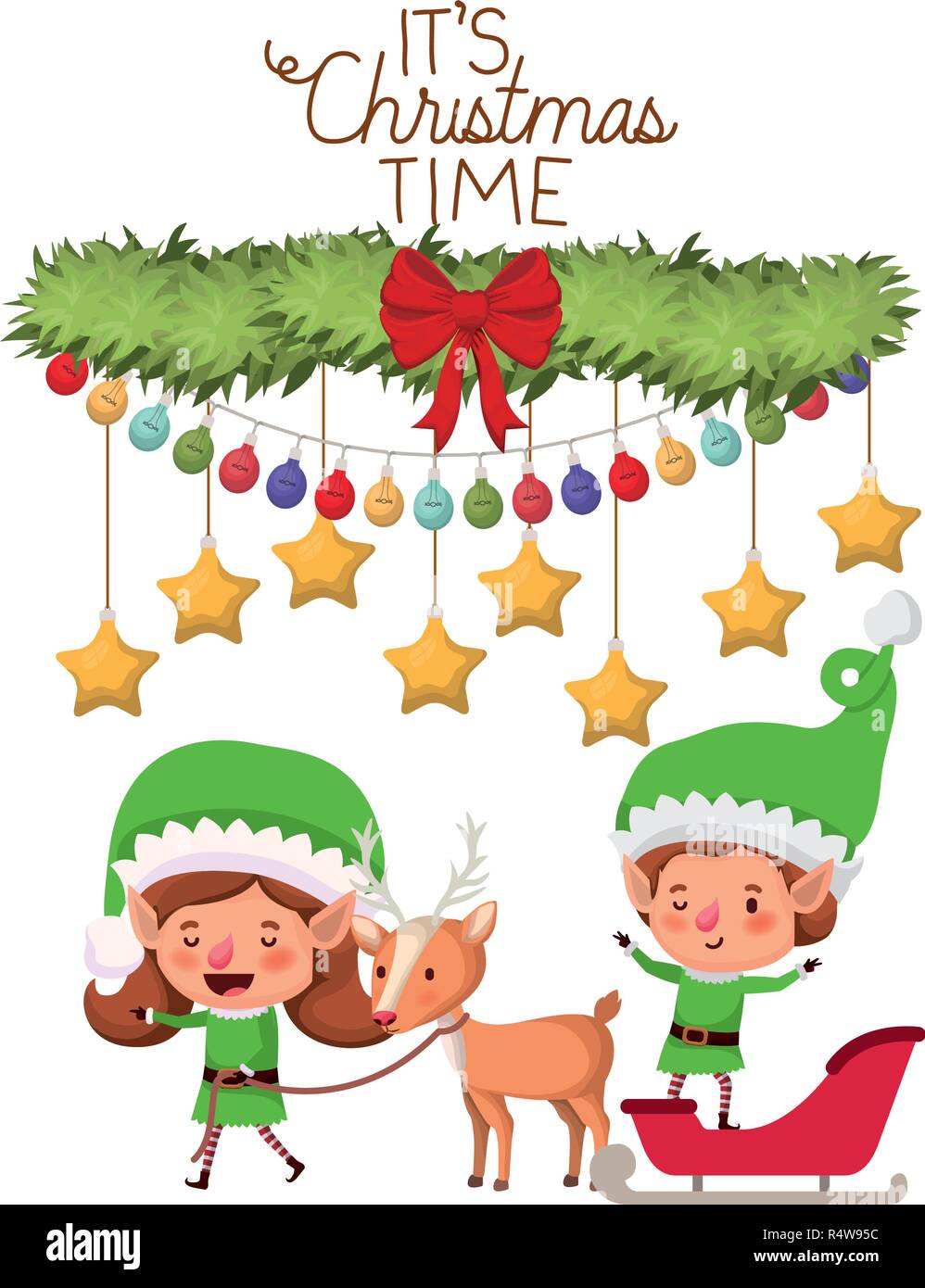 elves couple with sleigh and merry christmas time Stock Vector Image ...