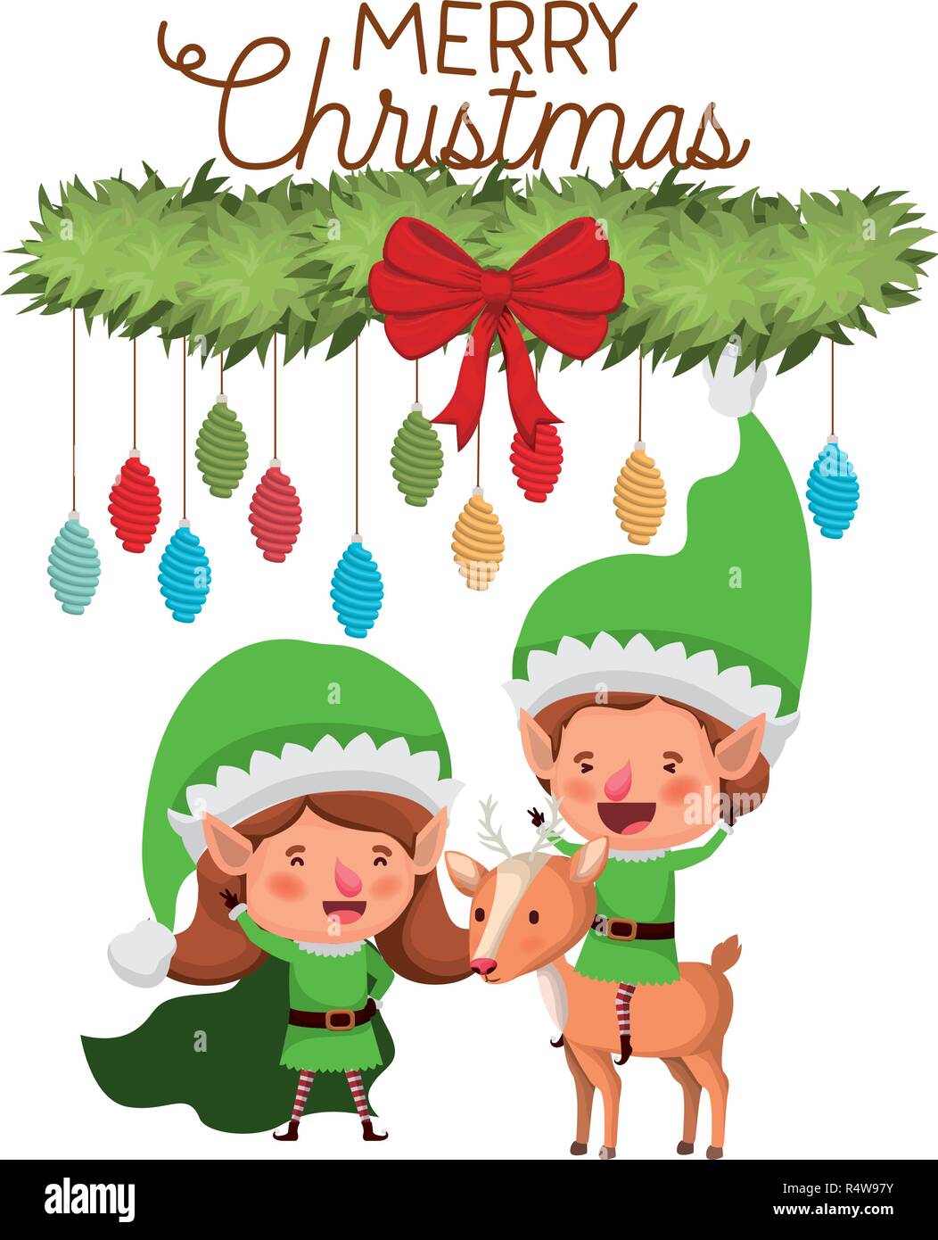 elves couple with sleigh and merry christmas time Stock Vector Image ...