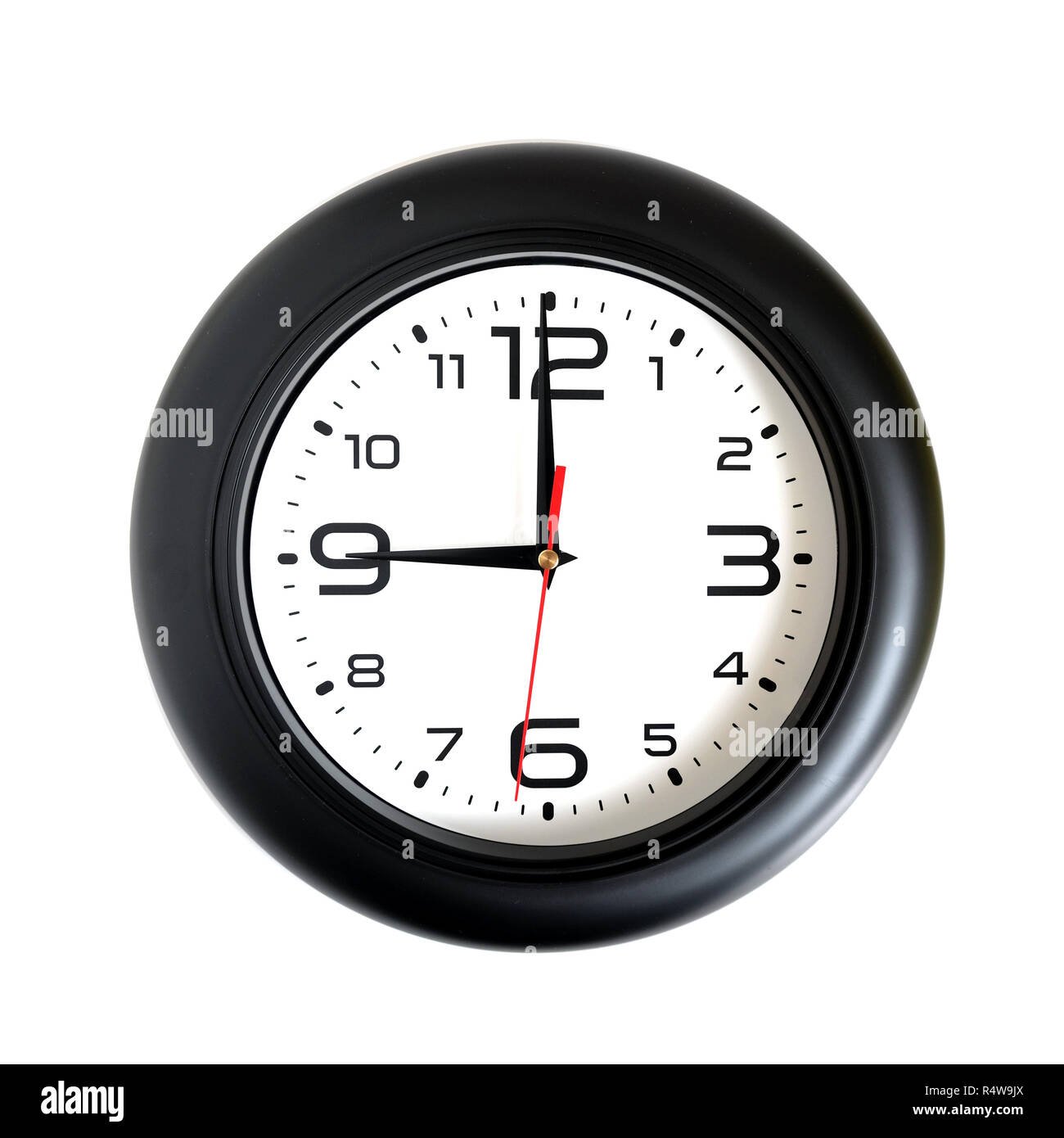 Big round wall clock with a black rim isolated on white background ...