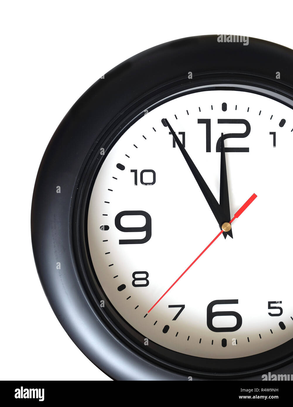 Fragment of big round wall clock with a black rim isolated on white ...