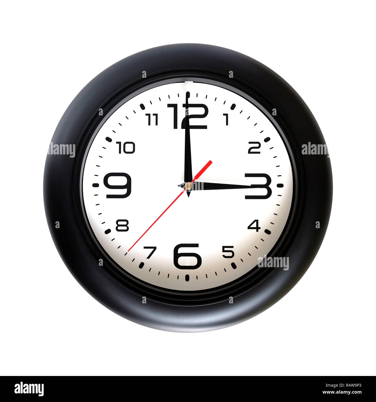 Big round wall clock with a black rim isolated on white background ...