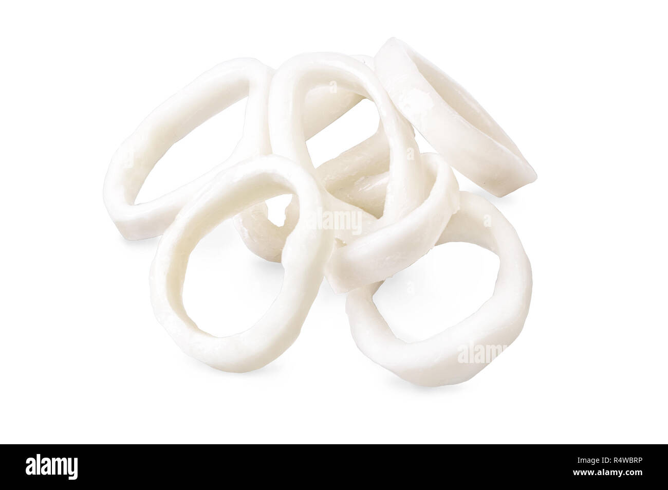 A bunch of raw frozen squid rings isolated on white background, front ...