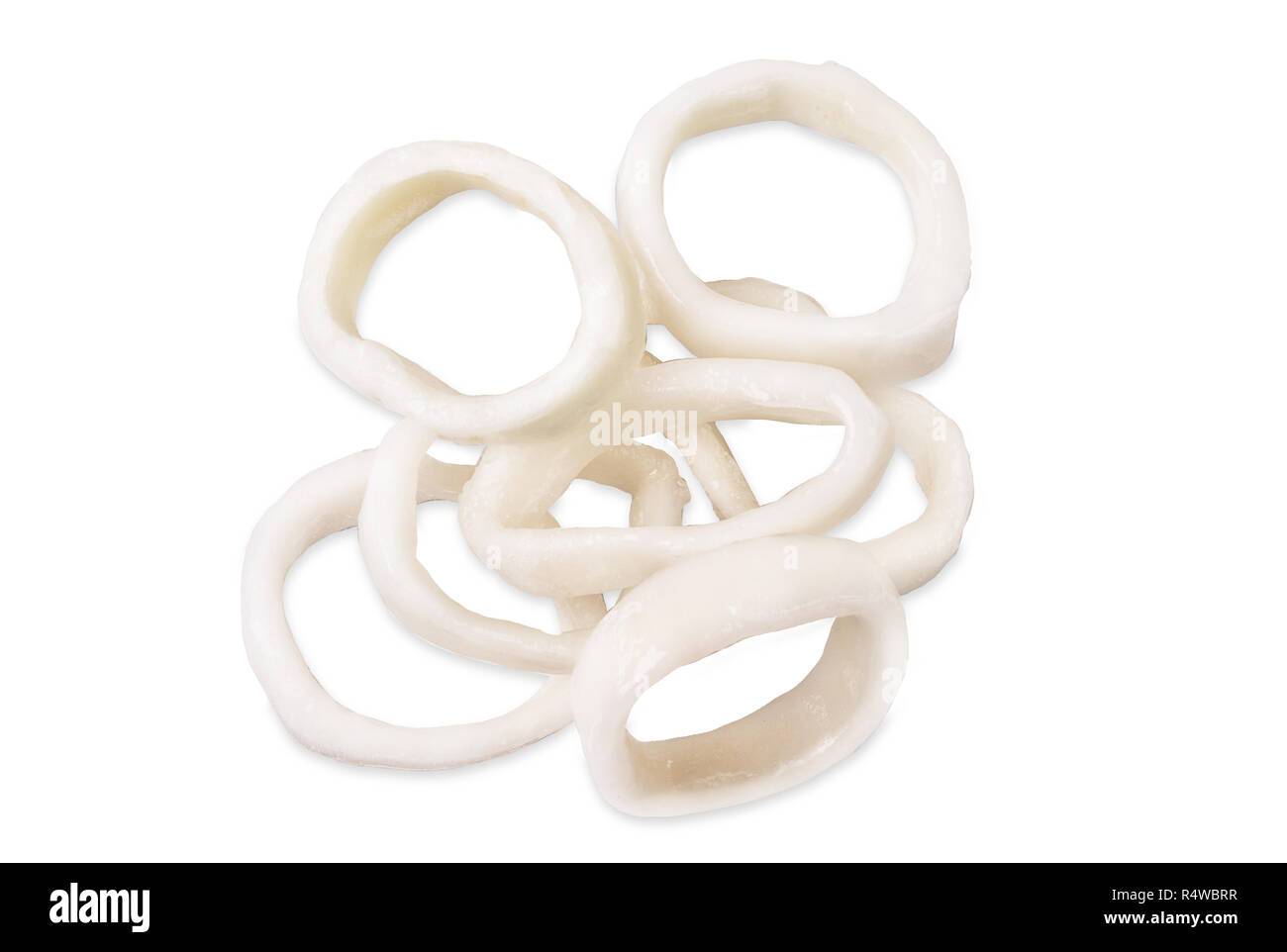 A bunch of raw frozen squid rings isolated on white background, top ...