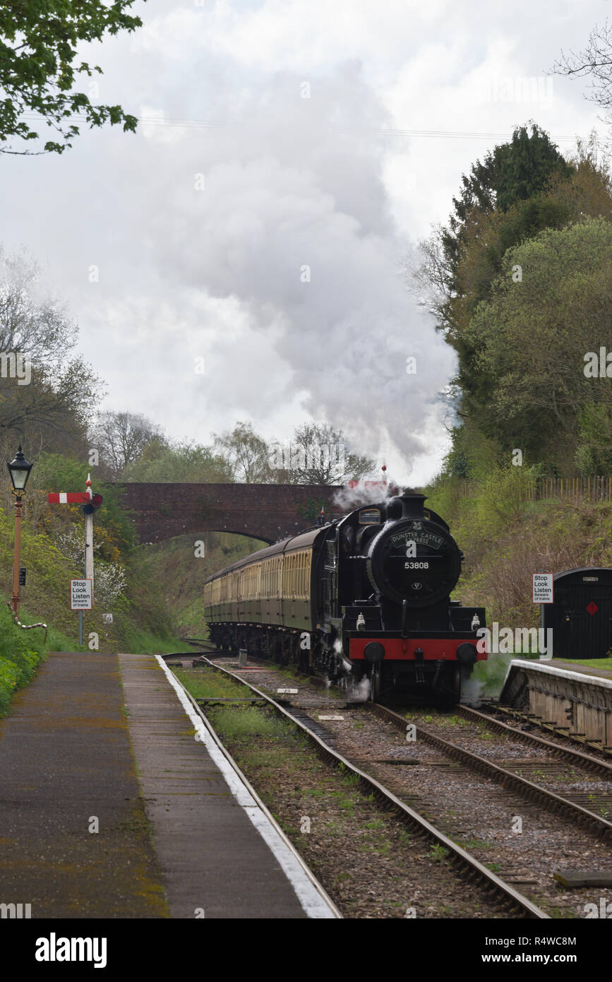 S&DJR 7F 2-8-0 steam engine 53808 pulling the Dunster Castle Express at Crowcombe Heathfield ...