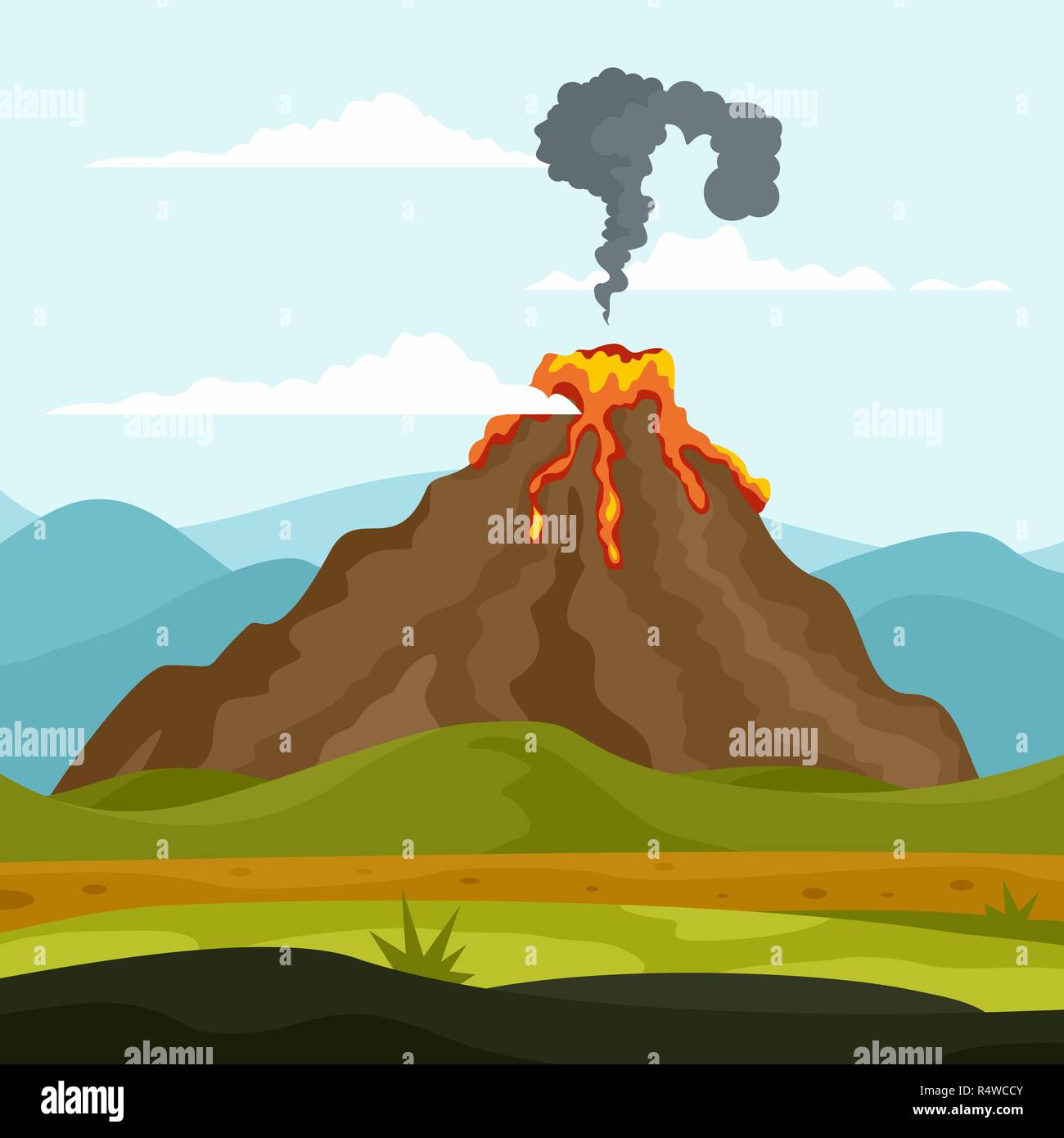 Eruption of volcano background. Flat illustration of eruption of ...