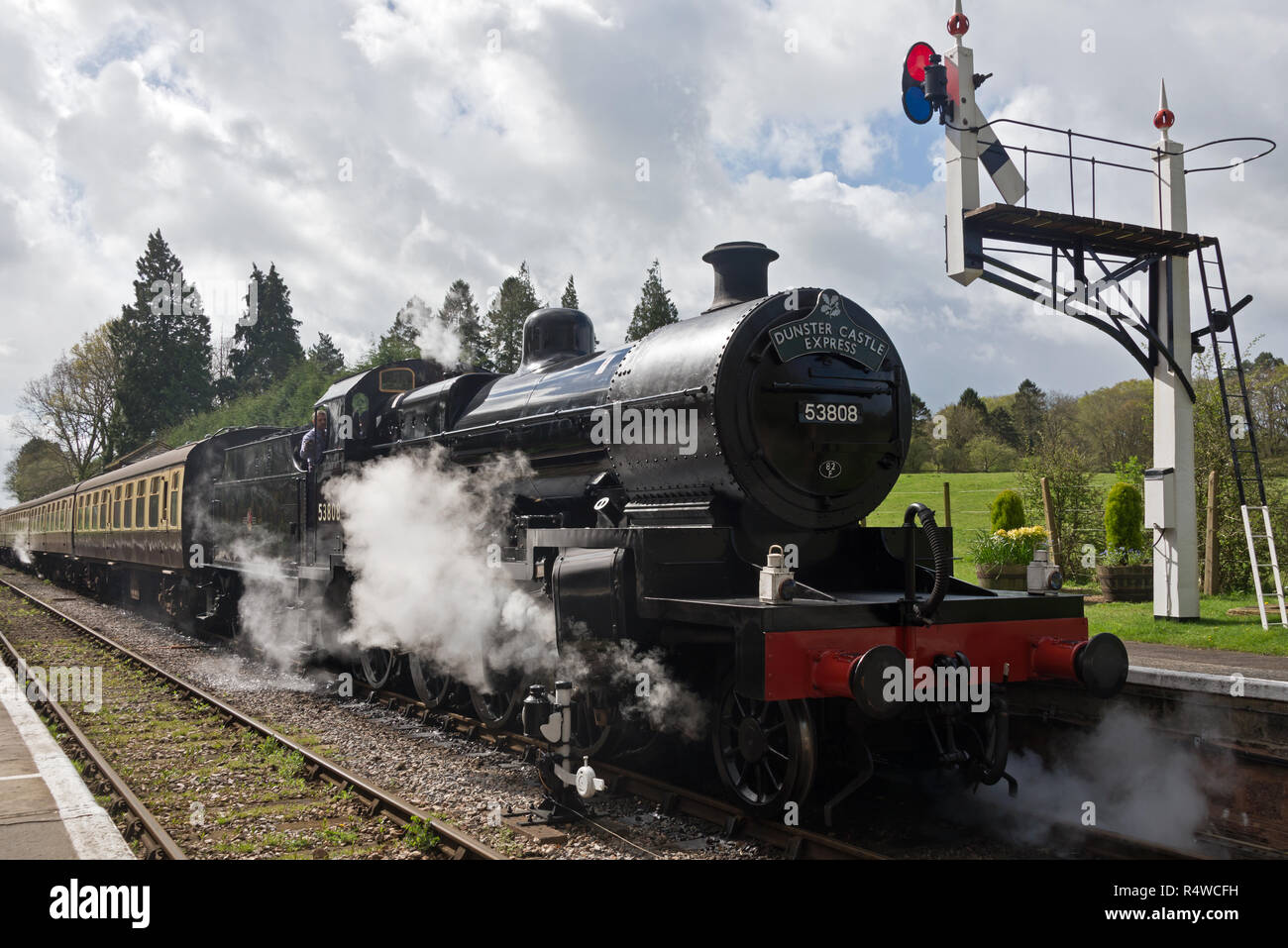 S&DJR 7F 2-8-0 steam engine 53808 pulling the Dunster Castle Express at Crowcombe Heathfield ...