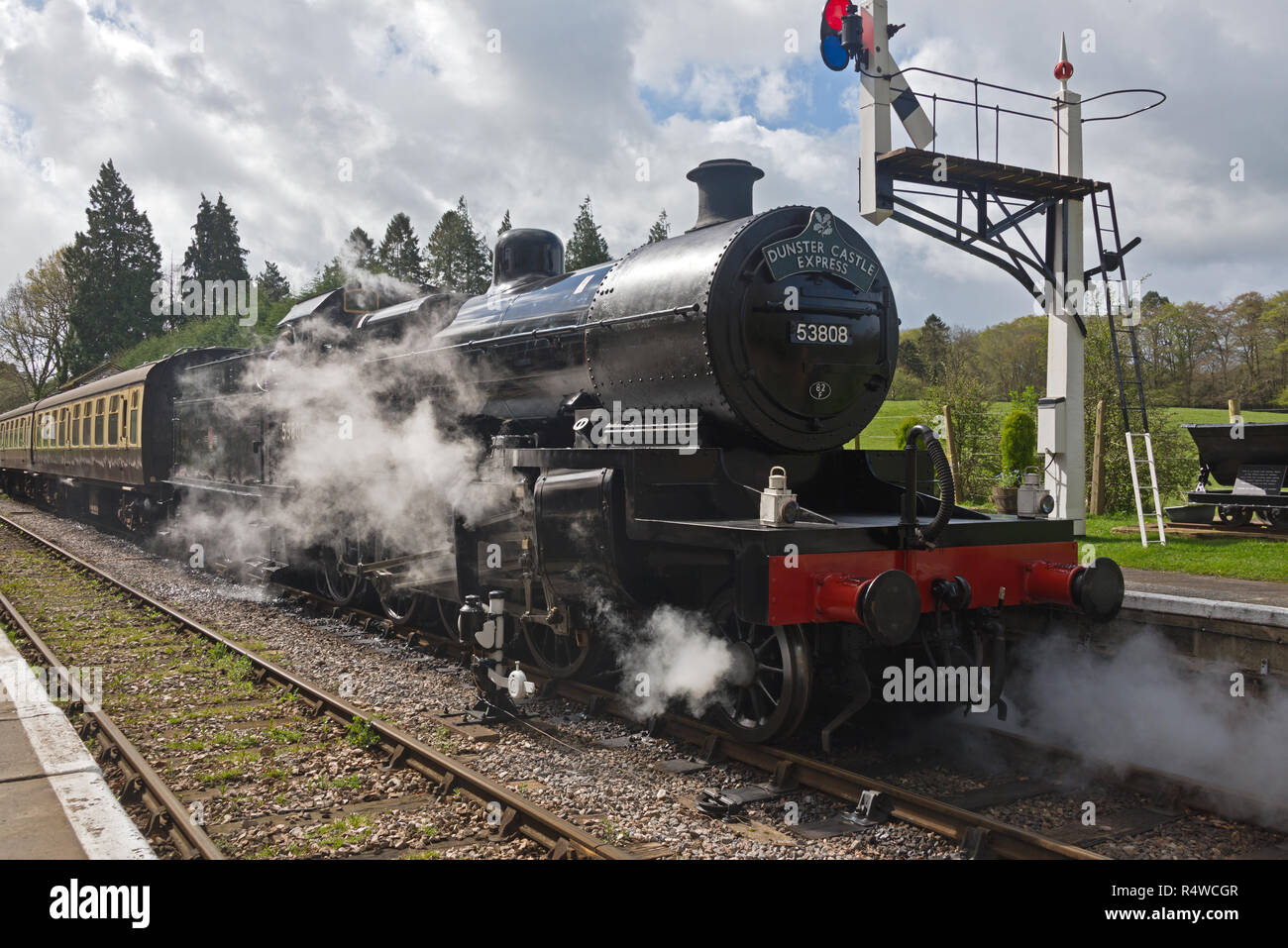 S&DJR 7F 2-8-0 steam engine 53808 pulling the Dunster Castle Express at Crowcombe Heathfield ...