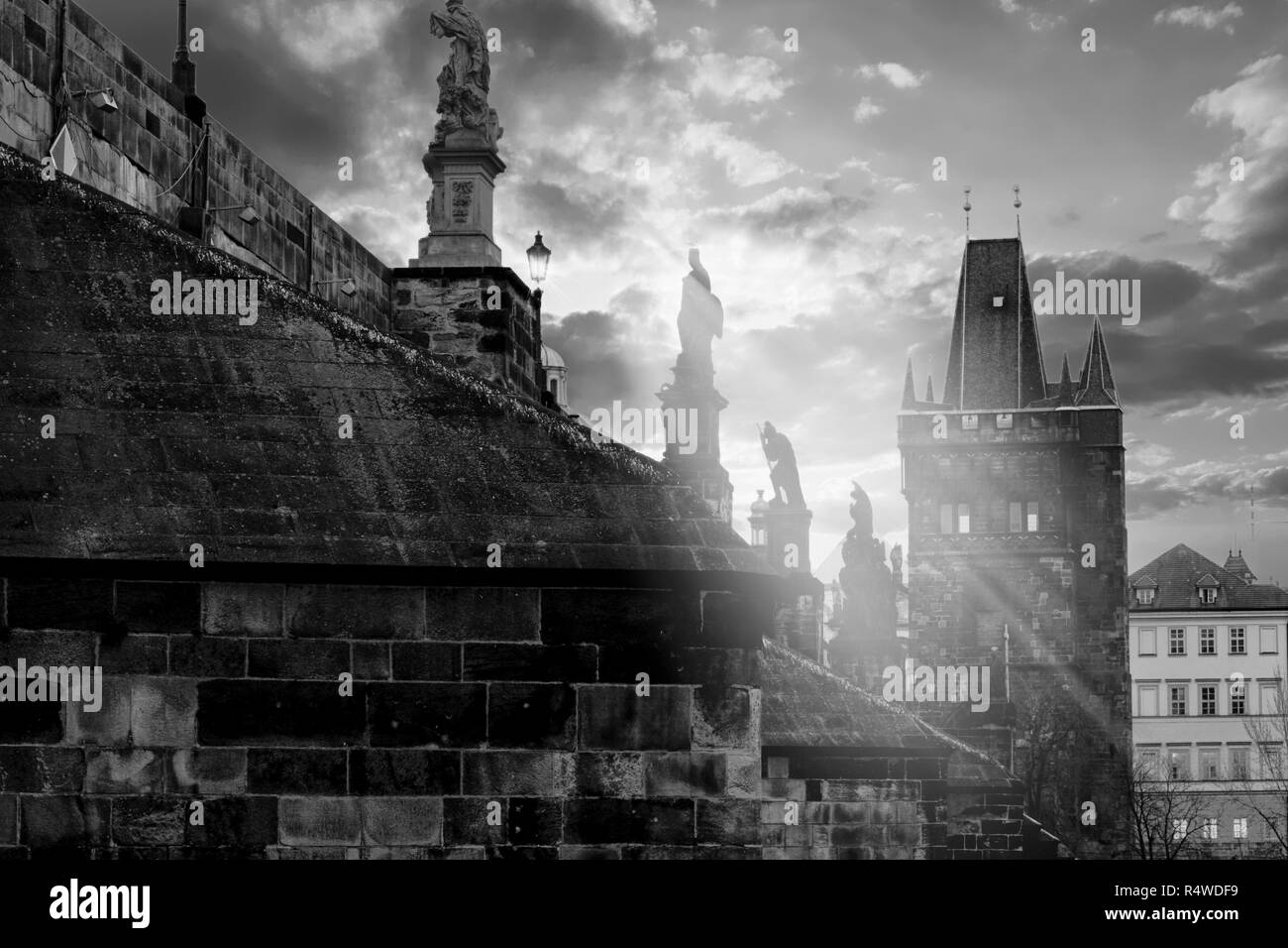 With a strong and suggestive backlight, a view of the Charles Bridge ...