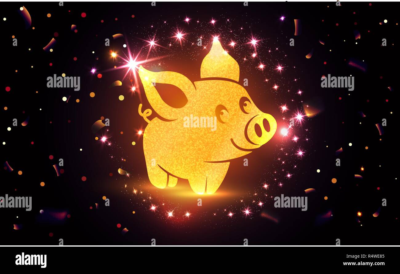 Chinese 2019 Happy New Year of a yellow pig, vector golden glitter pig ...