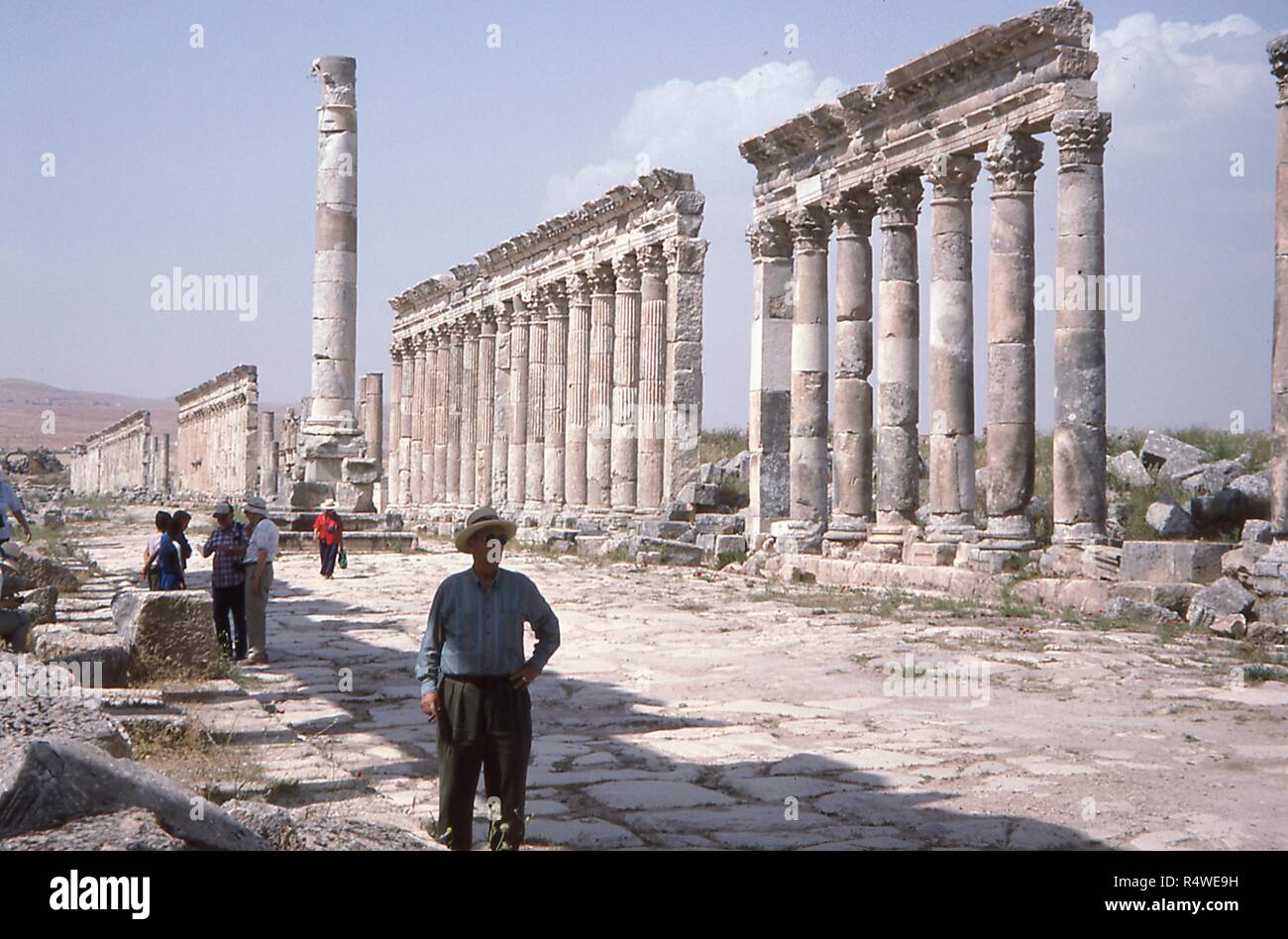 Panoramic view of the ancient columns standing along the ruins of the ...