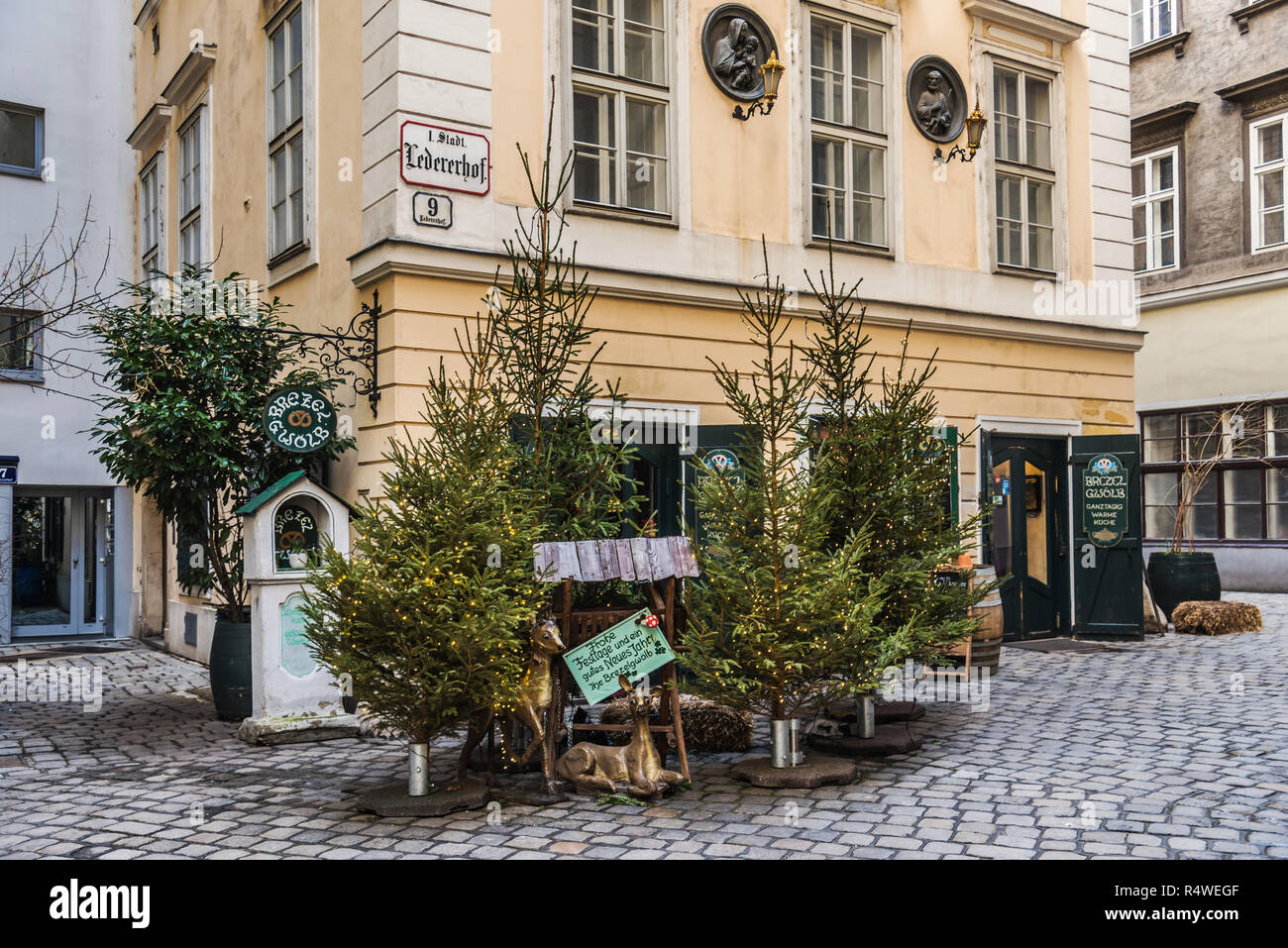 Vienna, Austria - December 31, 2017. Viennese street of cobblestone and ...