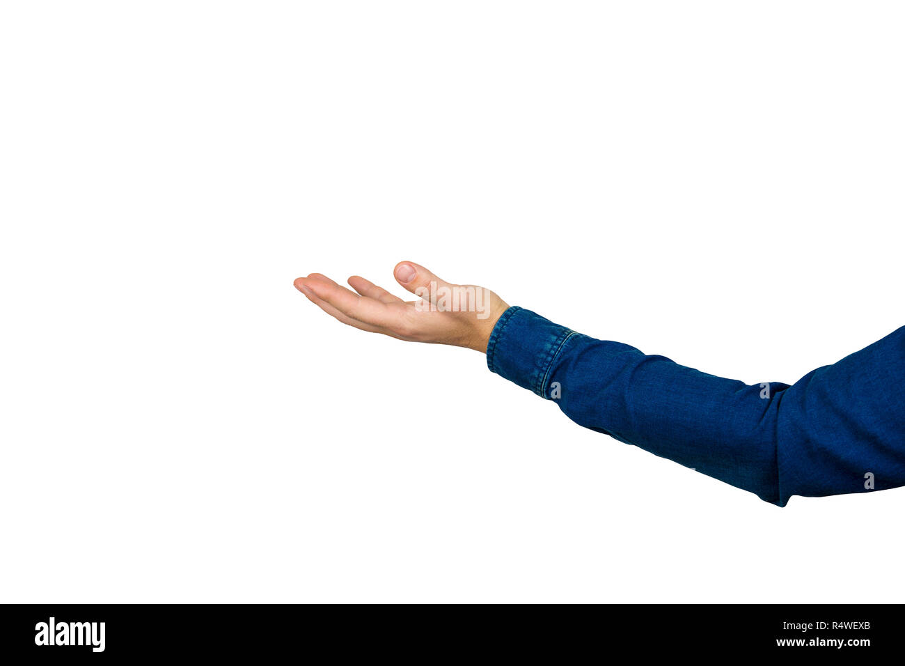 Man arm wearing blue jeans jacket close up like holding something ...