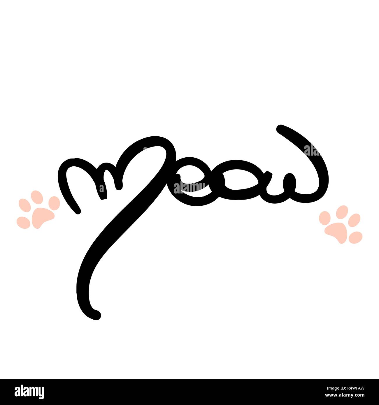 cute vector hand drawn lettering meow with pink cat paw print Stock ...