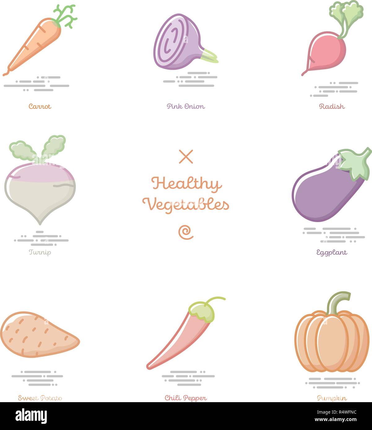 Vector illustration of eight healthy vegetables including carrot, onion ...