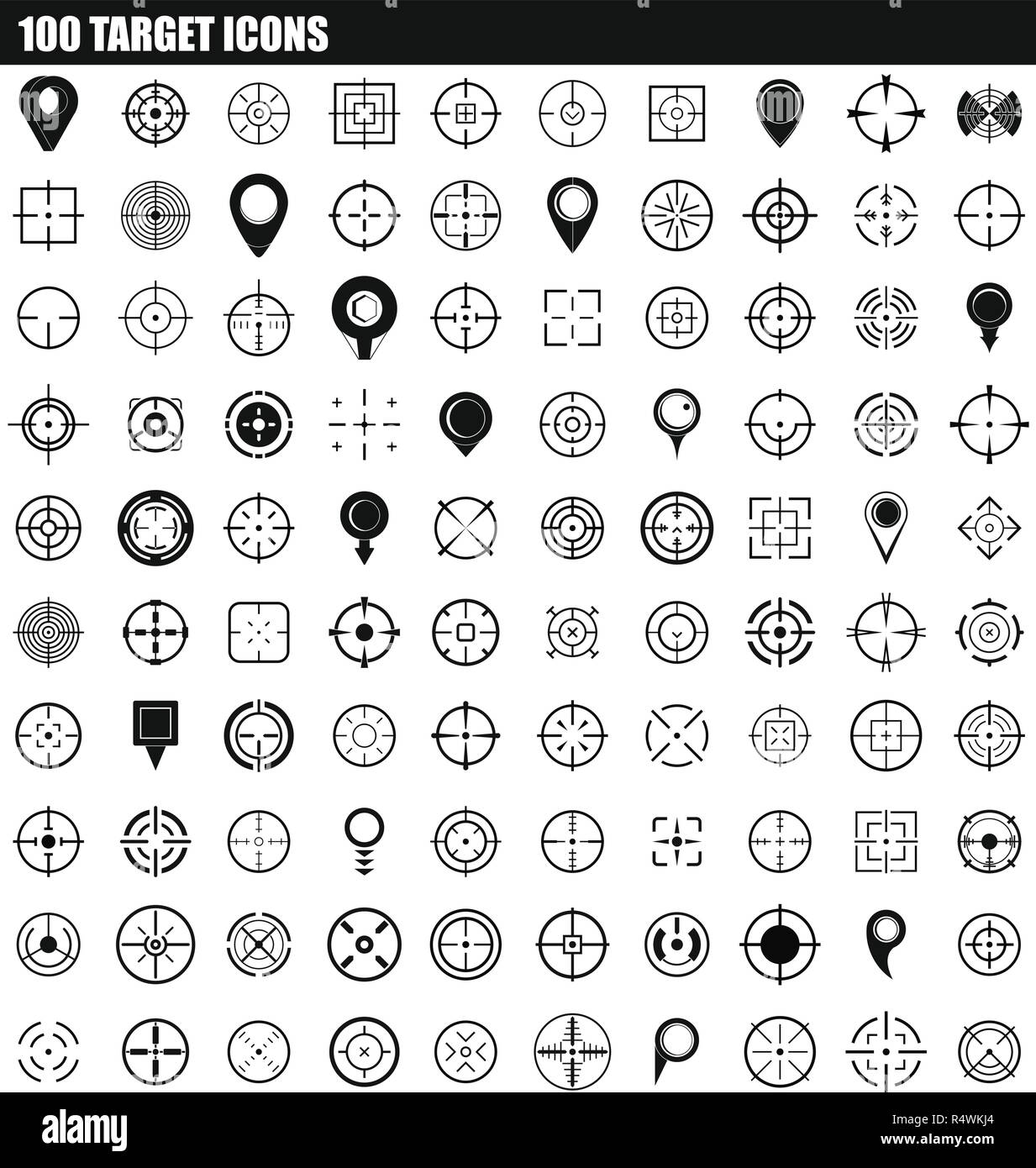100 target icon set. Simple set of 100 target vector icons for web ...