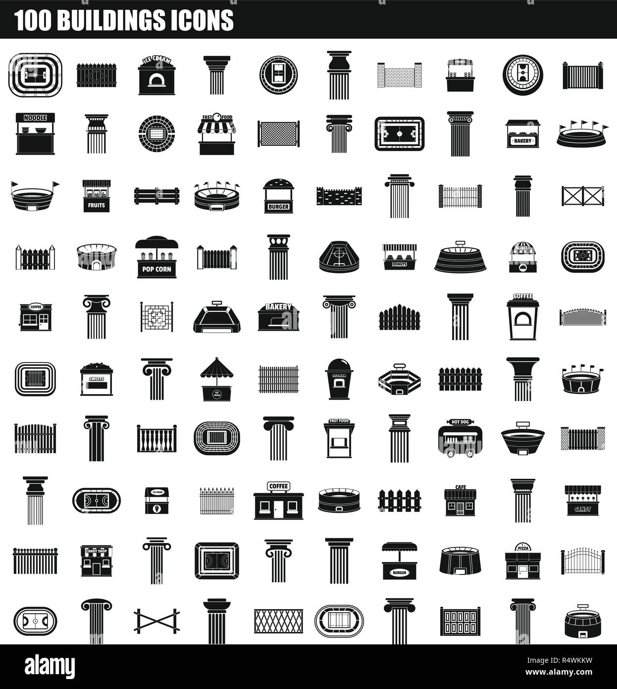 100 buildings icon set. Simple set of 100 buildings vector icons for ...