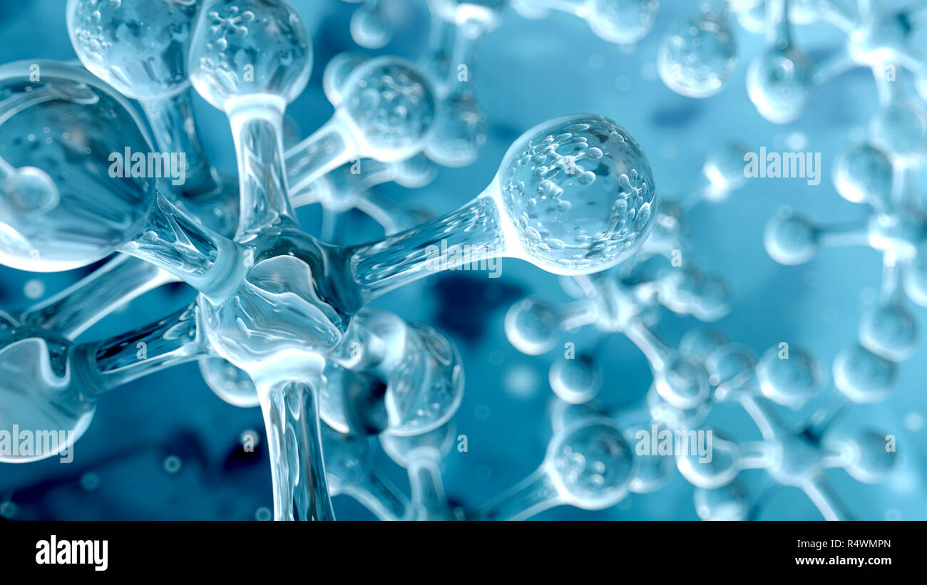 Atom (molecule) structure on blue background. 3d render illustration ...